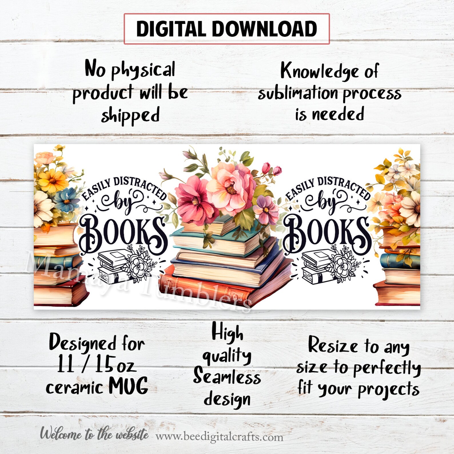 Easily Distracted by Books Mug Sublimation Design Reading Floral ...