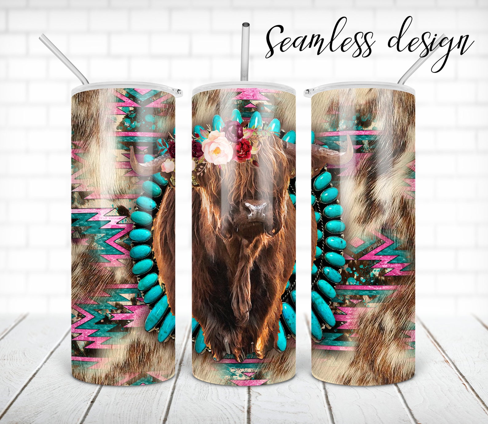 SEAMLESS Highland Cow and Turquoise Tumbler PNG Design Aztec - Etsy