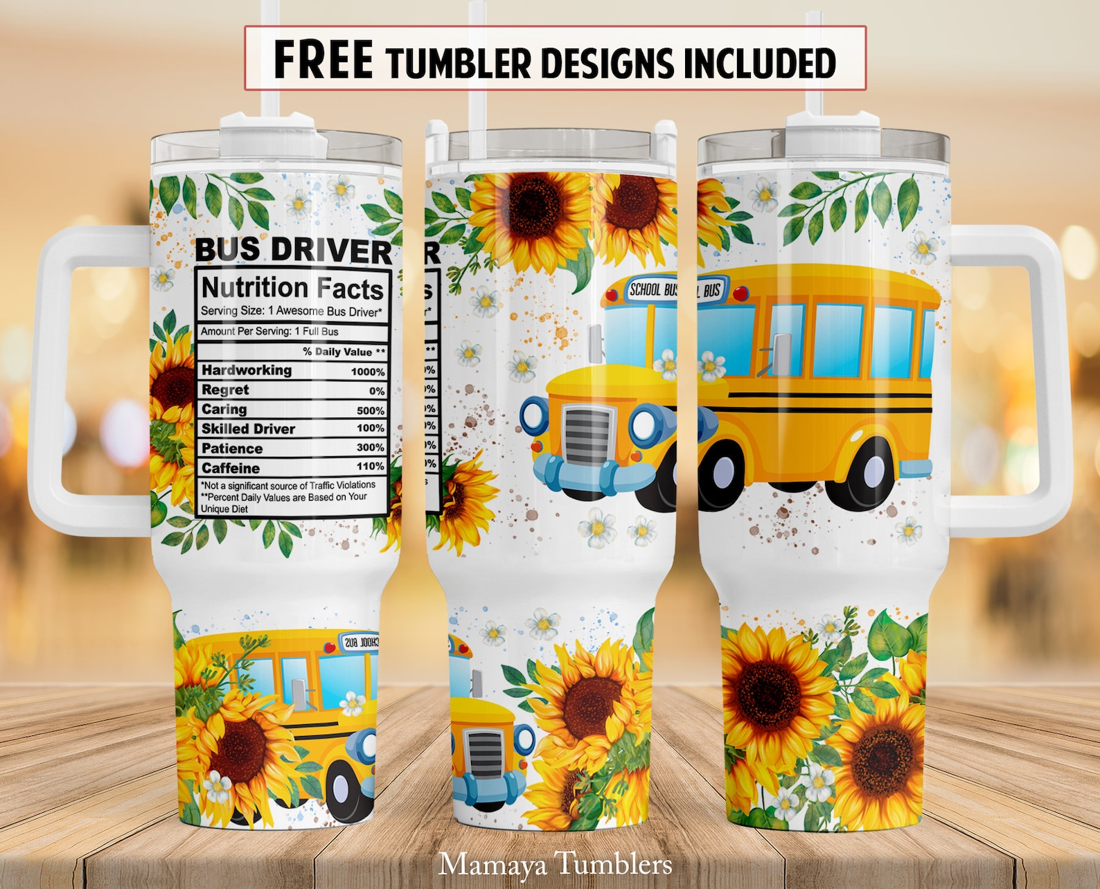 Bus Driver 40oz Quencher Tumbler Sublimation Design Sunflowers ...