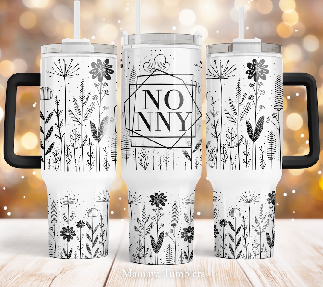 Nonny 40oz Quencher Tumbler Sublimation Design Black Flowers PNG Wrap Waterslide Digital ...