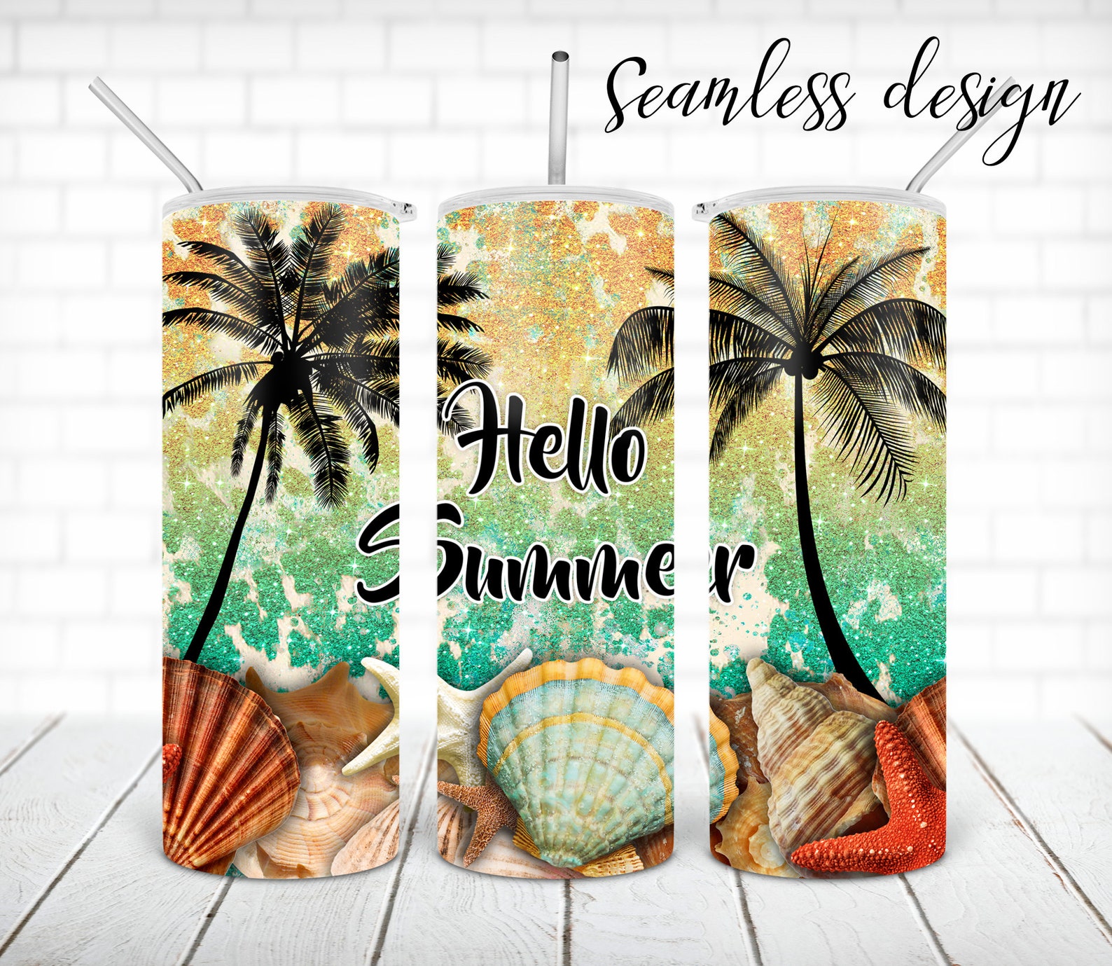 SEAMLESS Hello Summer Tumbler PNG Design Glitter Seashell 20 - Etsy