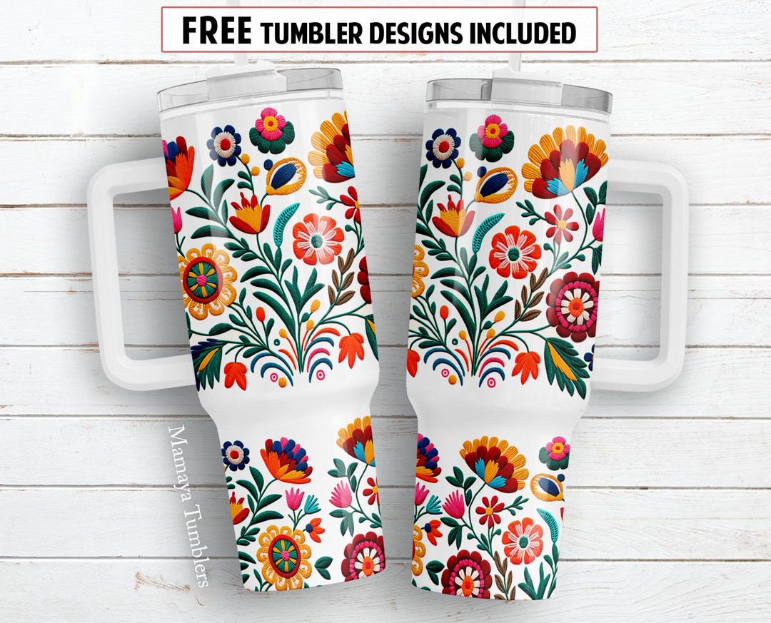 Mexican Embroidery Flower 40oz Quencher Tumbler Sublimation Design ...