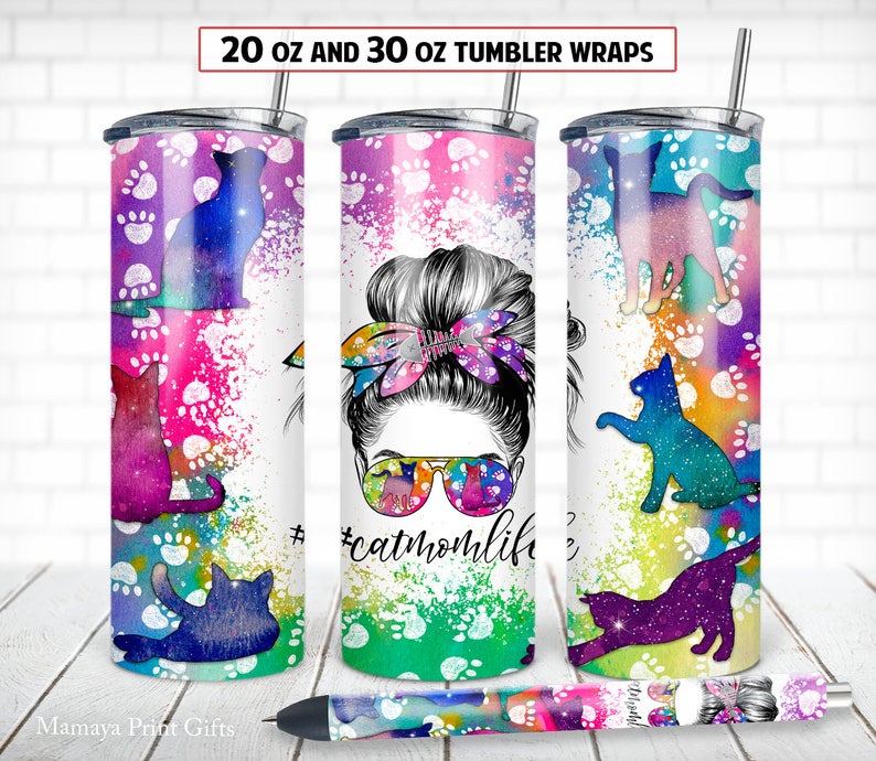Cat Mom Life 20 Oz Skinny Tumbler Sublimation Design Messy Bun Etsy