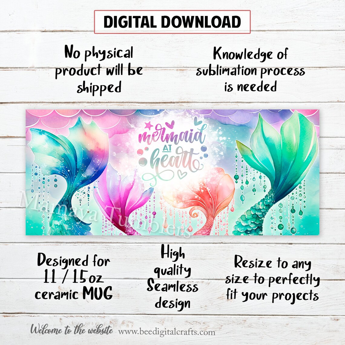 Mermaid at Heart Mug Sublimation Design Mermaid Tails Sea Life Pink and ...
