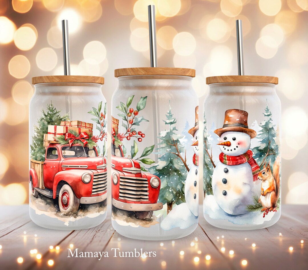 Christmas 16oz Glass Can Sublimation Design Red Truck With Gifts ...