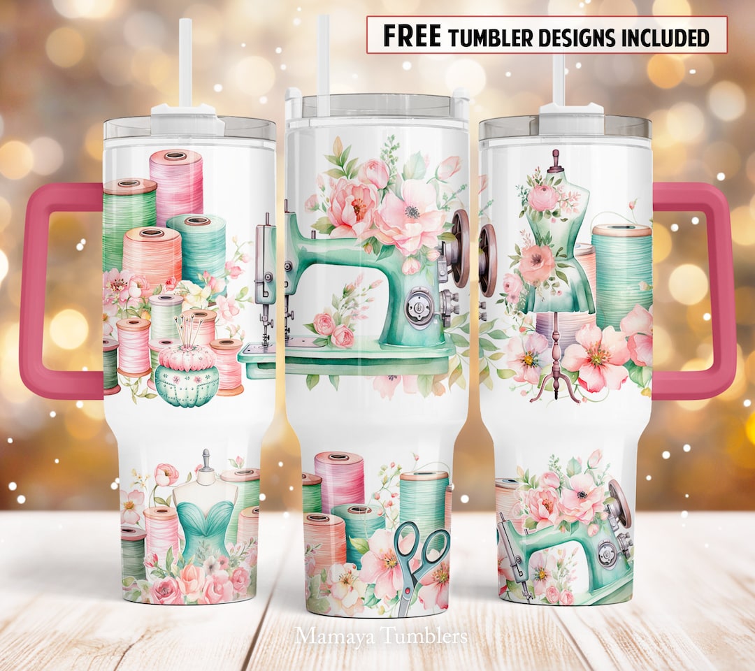 Sewing Machine 40oz Quencher Tumbler Sublimation Design Flowers Thread ...