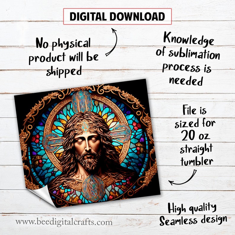 Stained Glass Jesus 20 Oz Skinny Tumbler Sublimation Design Religious ...