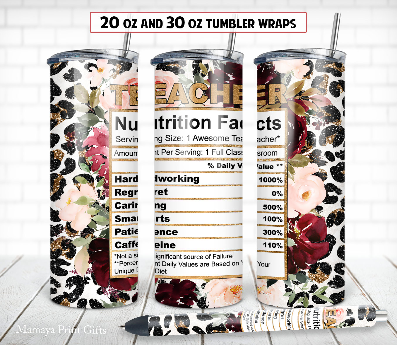 Teacher 20 Oz Skinny Tumbler Sublimation Design Glitter Leopard Floral ...