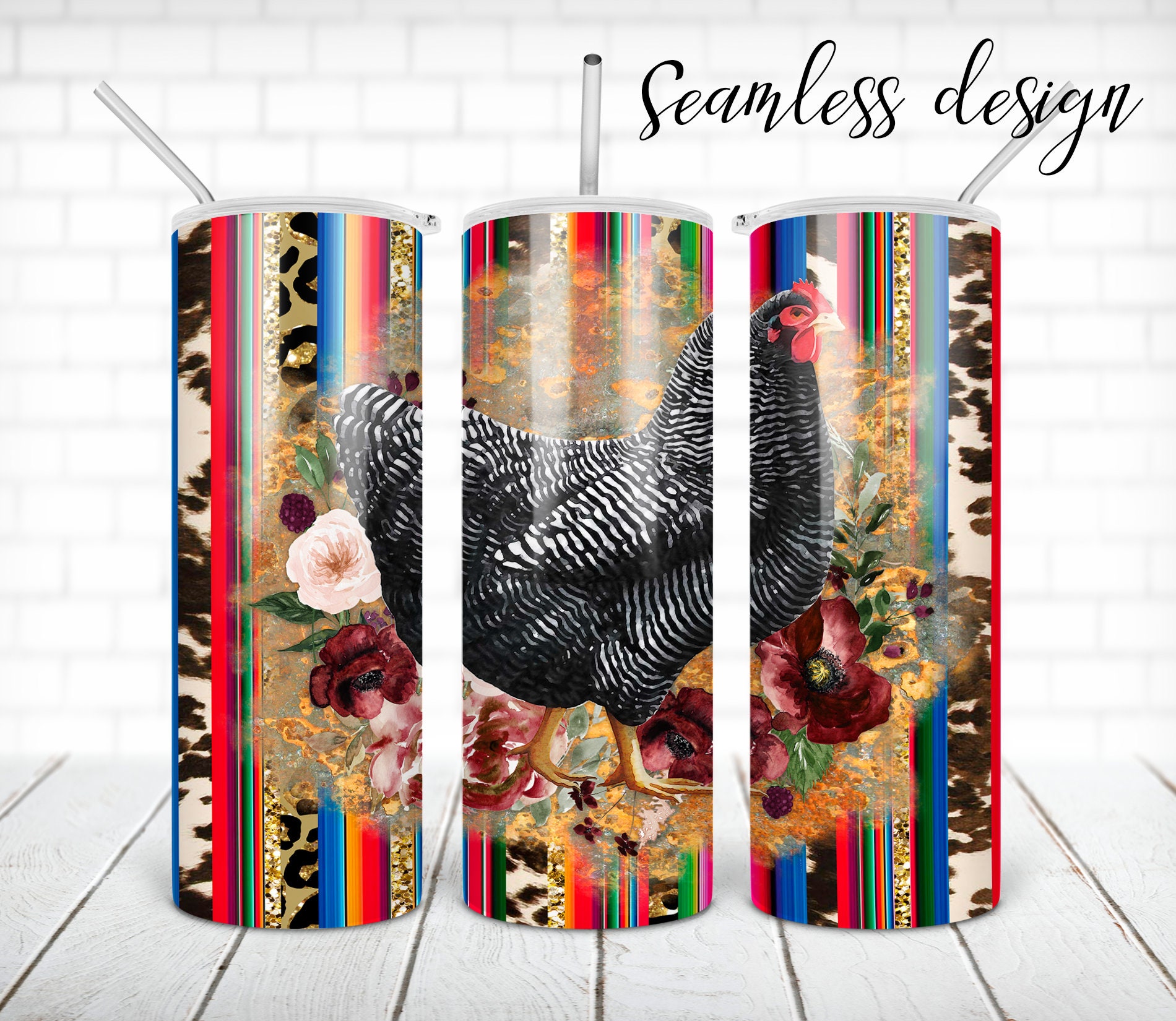 SEAMLESS Chicken With Flower Tumbler PNG Design Western Serape - Etsy