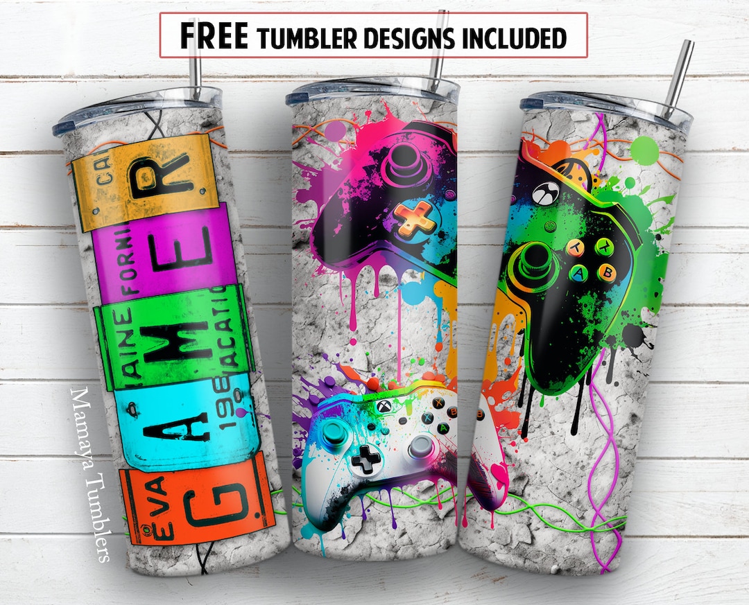Gamer 20 Oz Skinny Tumbler Sublimation Design Neon Video Game ...