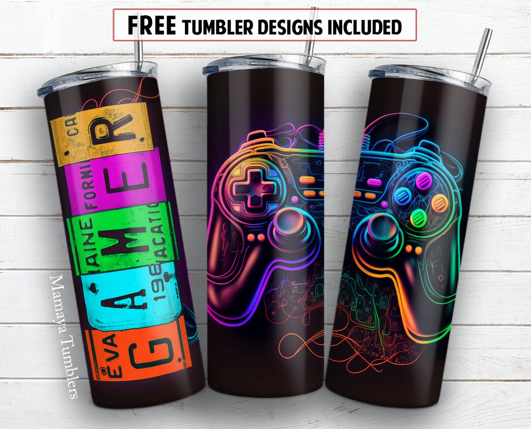 Gamer 20 Oz Skinny Tumbler Sublimation Design Neon Game Controller ...