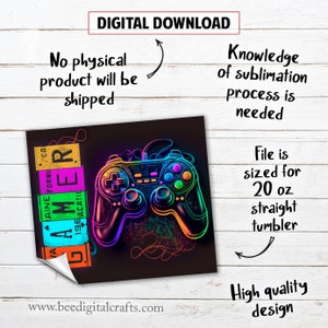 Gamer 20 Oz Skinny Tumbler Sublimation Design Neon Game Controller ...