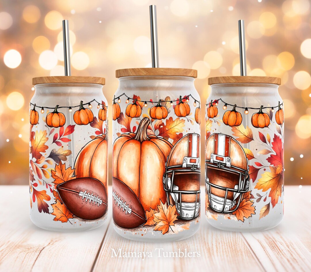 Football 16oz Glass Can Sublimation Design Fall Pimpkin Thanksgiving ...