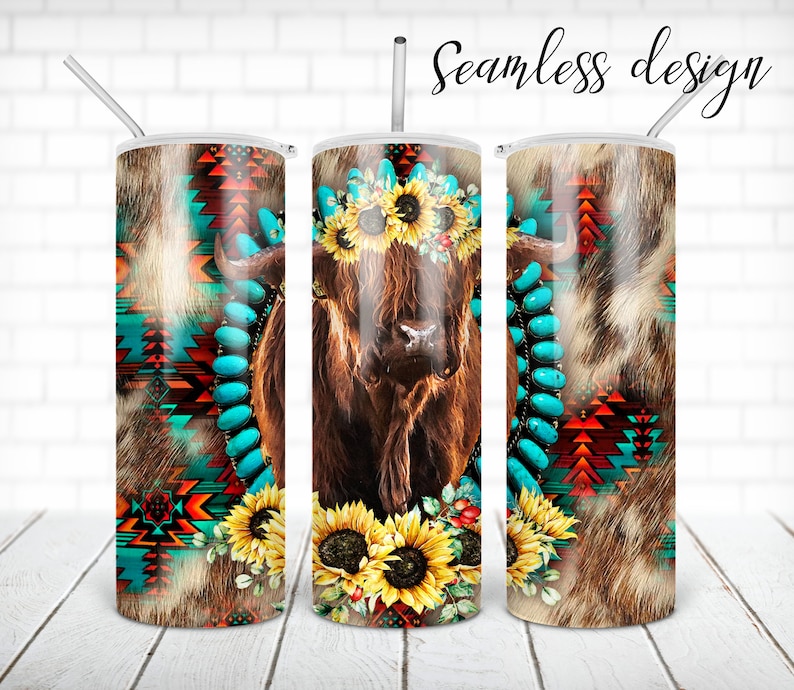 SEAMLESS Highland Cow and Turquoise Tumbler PNG Design Aztec - Etsy