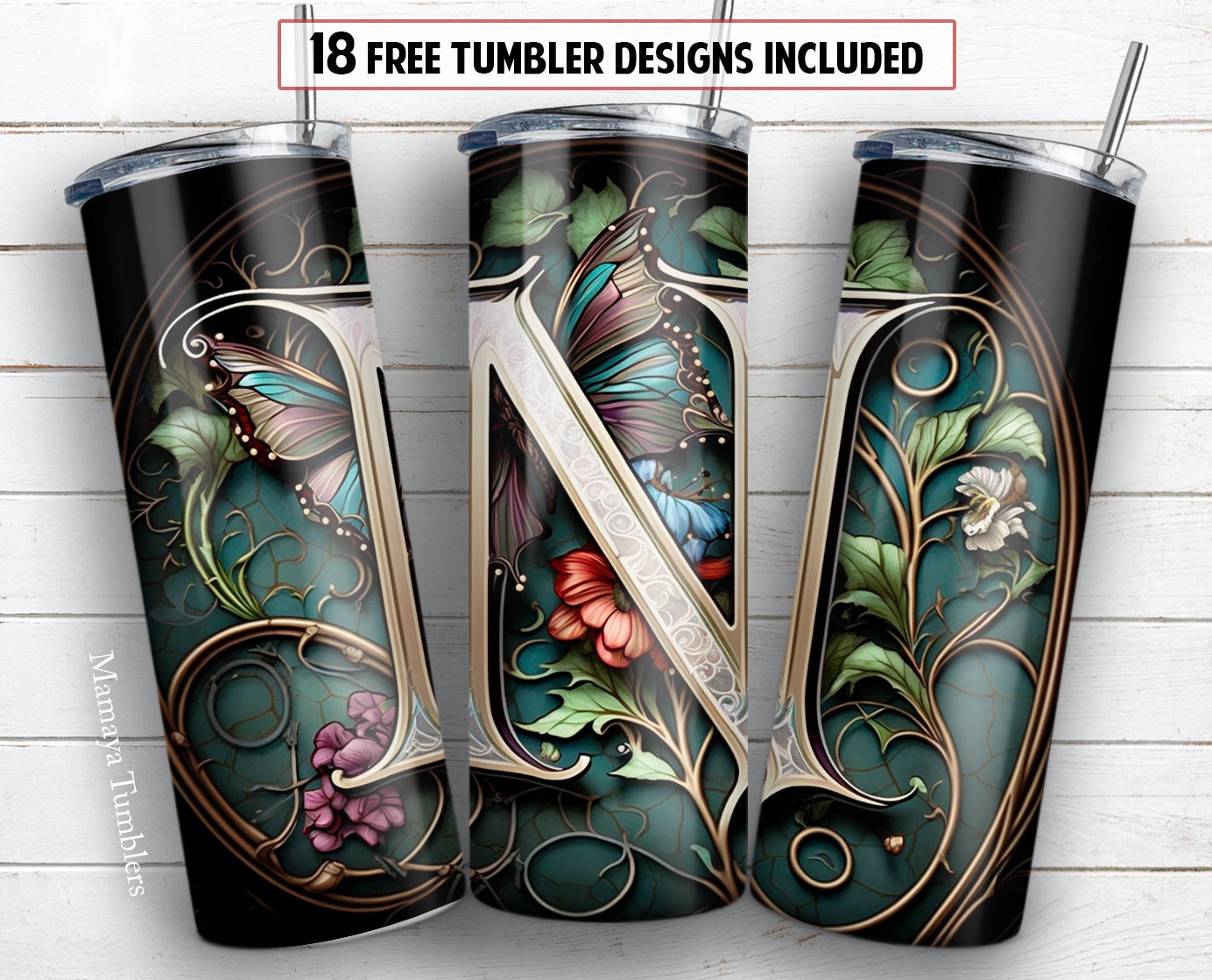 Stained Glass Monogram Letter N 20 Oz Skinny Tumbler Sublimation Design ...