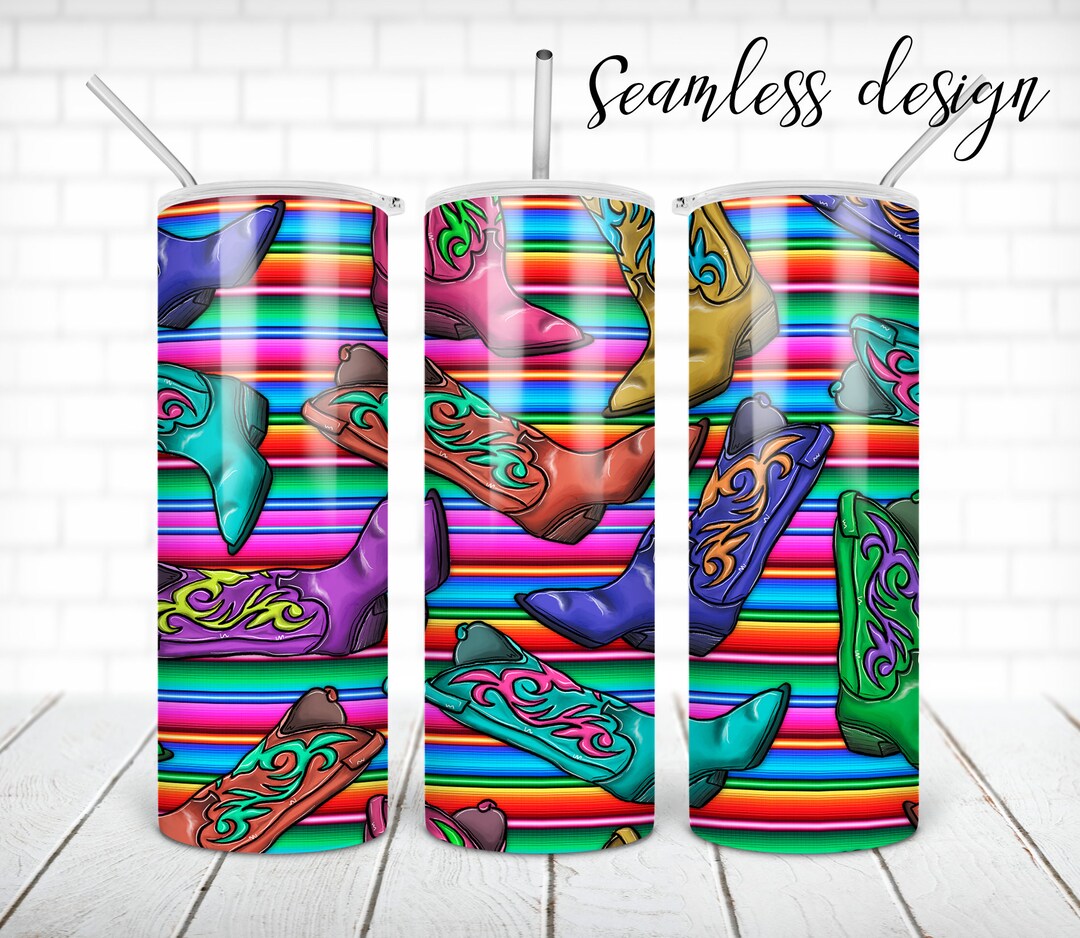 SEAMLESS Watercolor Western Boots Tumbler PNG Design Colorful Serape 20 ...