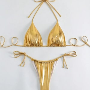 Metallic Gold Bikini | Triangle Bikini Top | Brazilian Thong Bottoms ...
