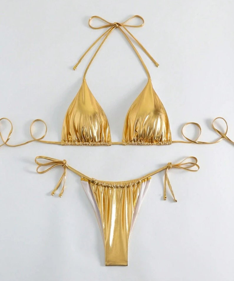 Metallic Gold Bikini | Triangle Bikini Top | Brazilian Thong Bottoms | Women’s 2 Piece Set ...