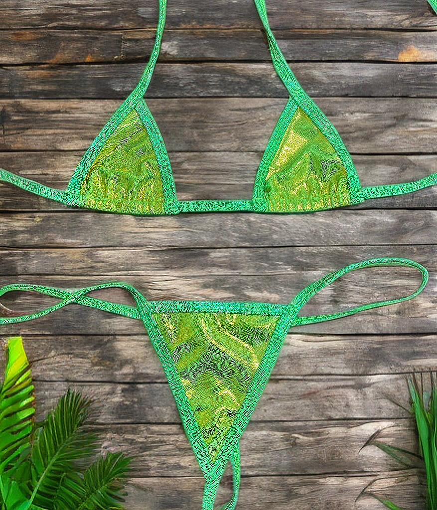 Micro Shiny Green String 2 Piece Bikini Set | Tiny Triangle Top ...