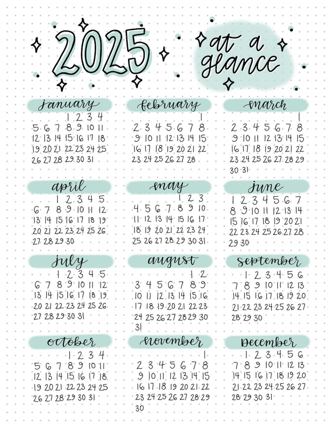 2025 at a Glance Digital PDF Download for Bujo, Bullet, Journal ...