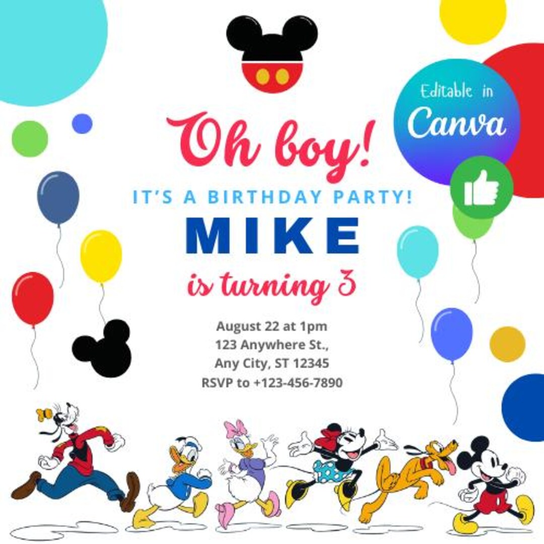 Mickey Birthday Invitation (canva Editable), Mickey Mouse Invitations ...