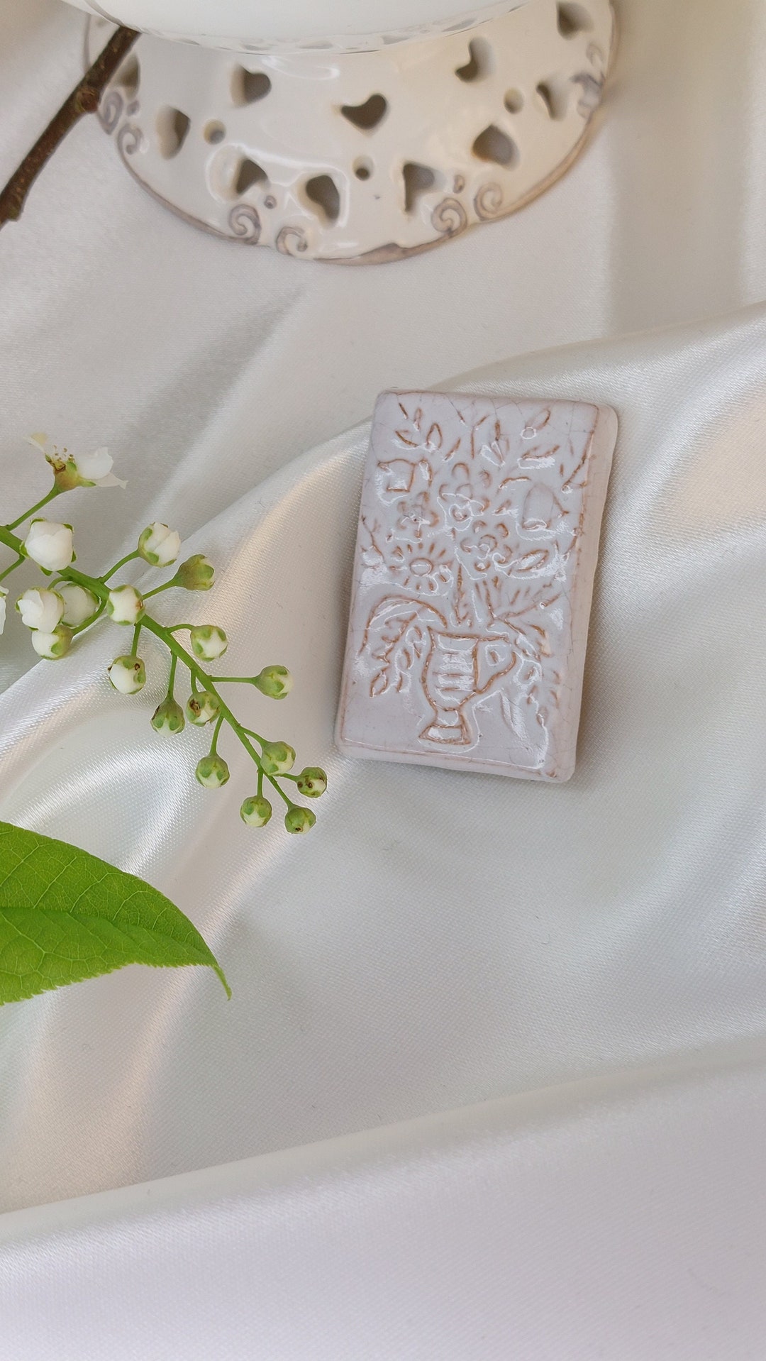 Vintage Brooch White Ceramic, White Flower Ceramic Brooch, Glazed ...