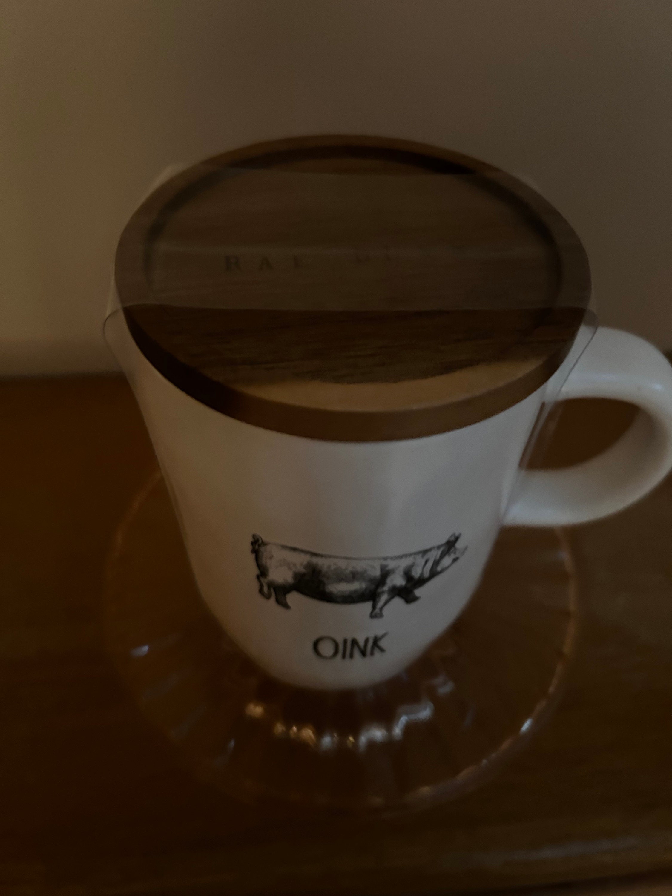 Rae Dunn oink Coffee Mug With Wooden Lid and Pig Image - Etsy