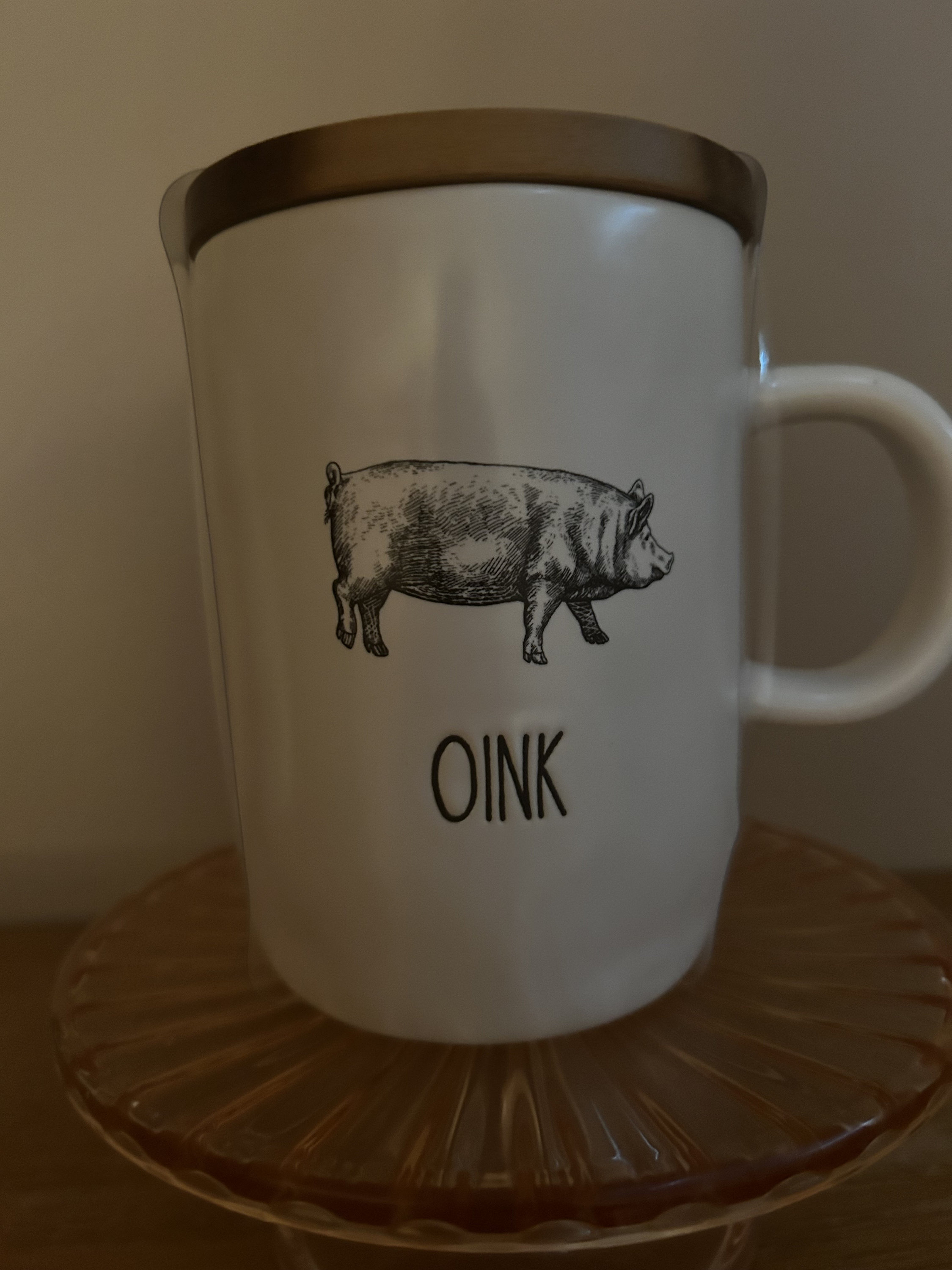 Rae Dunn oink Coffee Mug With Wooden Lid and Pig Image - Etsy