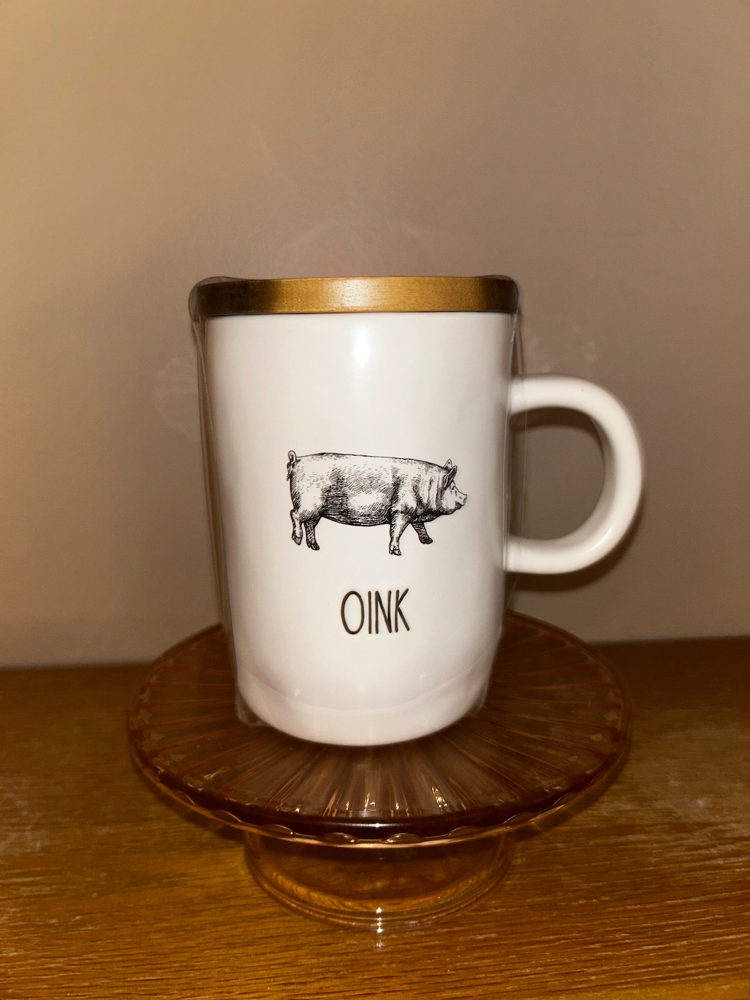 Rae Dunn “oink” Coffee Mug With Wooden Lid - Farmline Collection - Etsy