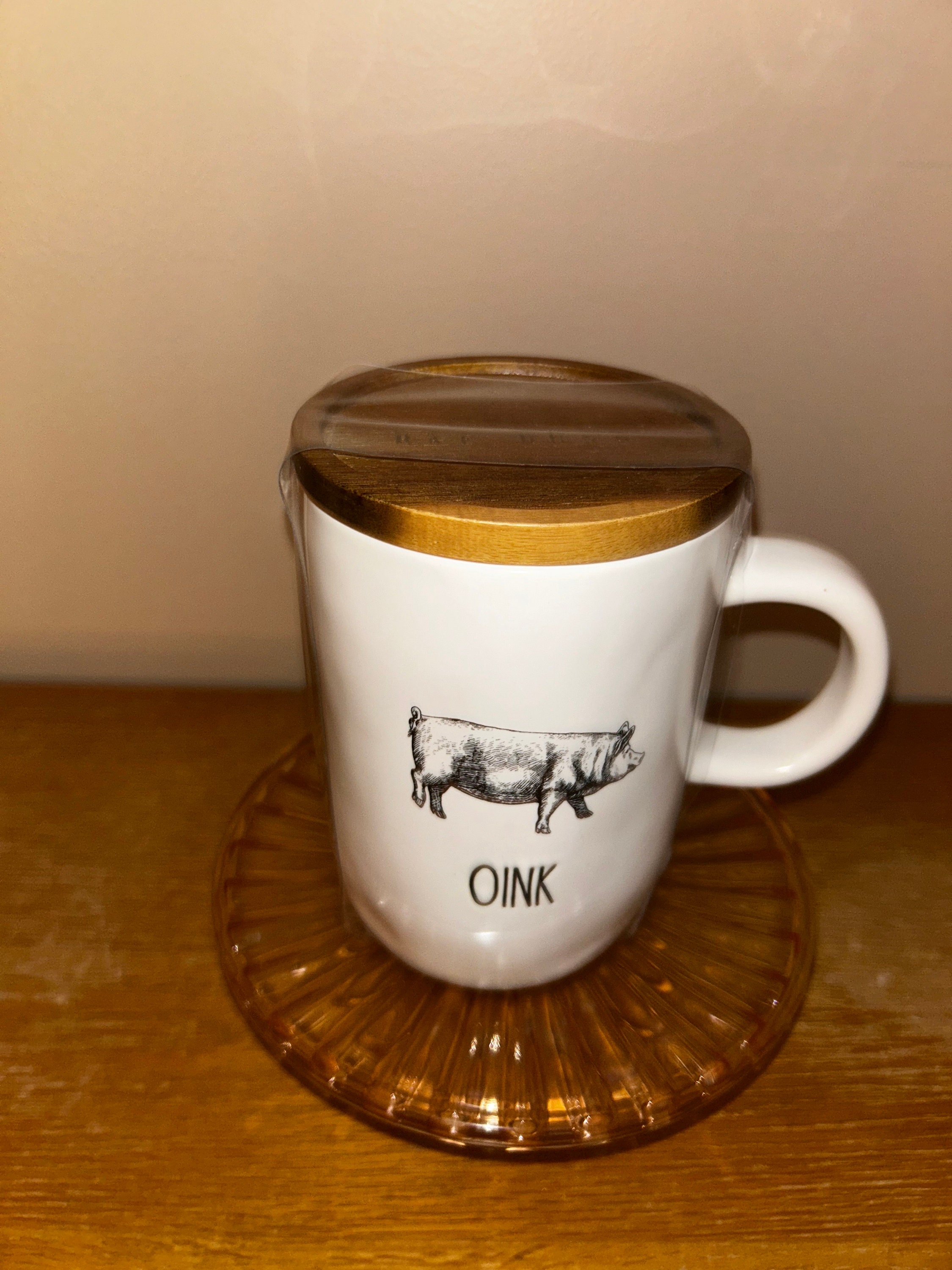 Rae Dunn oink Coffee Mug With Wooden Lid and Pig Image - Etsy