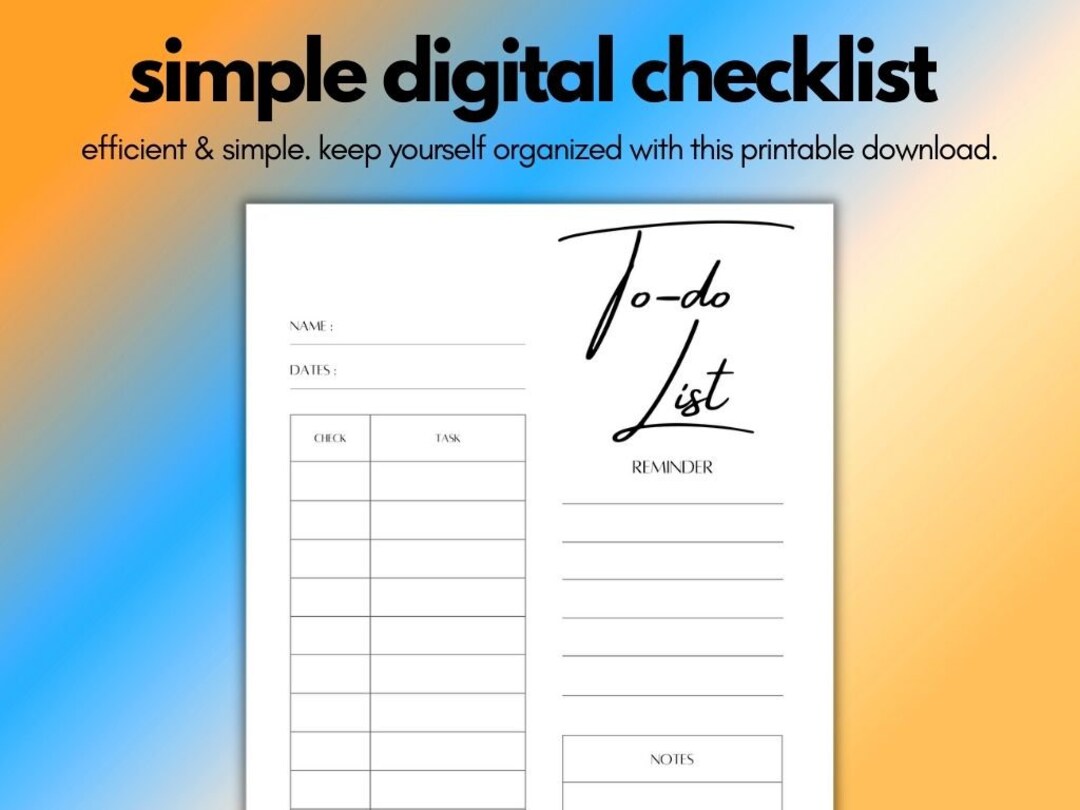 Simple Digital Checklist, Minimalist to Do List Printable, Instant ...