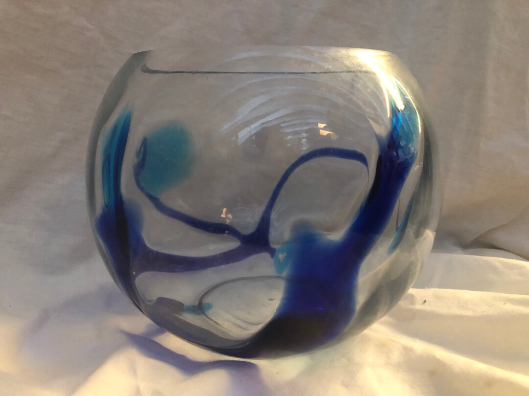 Art Glass Mid Century Art Glass Bowl Abstract Blue Swirling Mcm Bowl Foyer Buffet