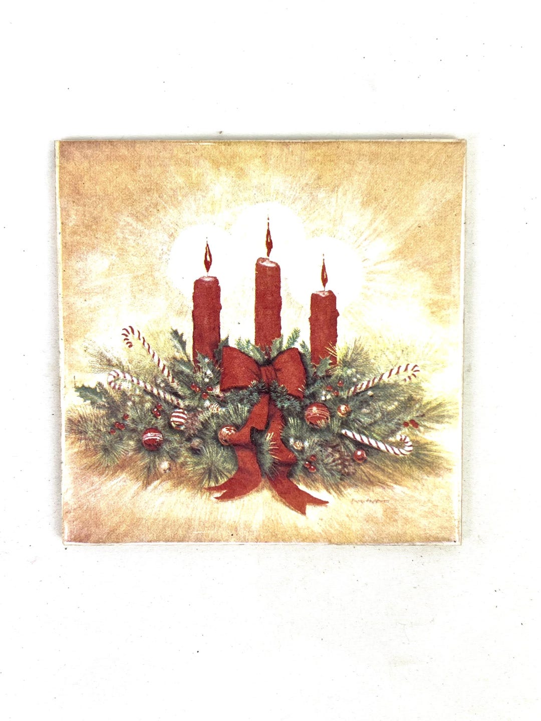 Vintage Christmas Ceramic Tile: Red Candles Wreath Coaster - Etsy