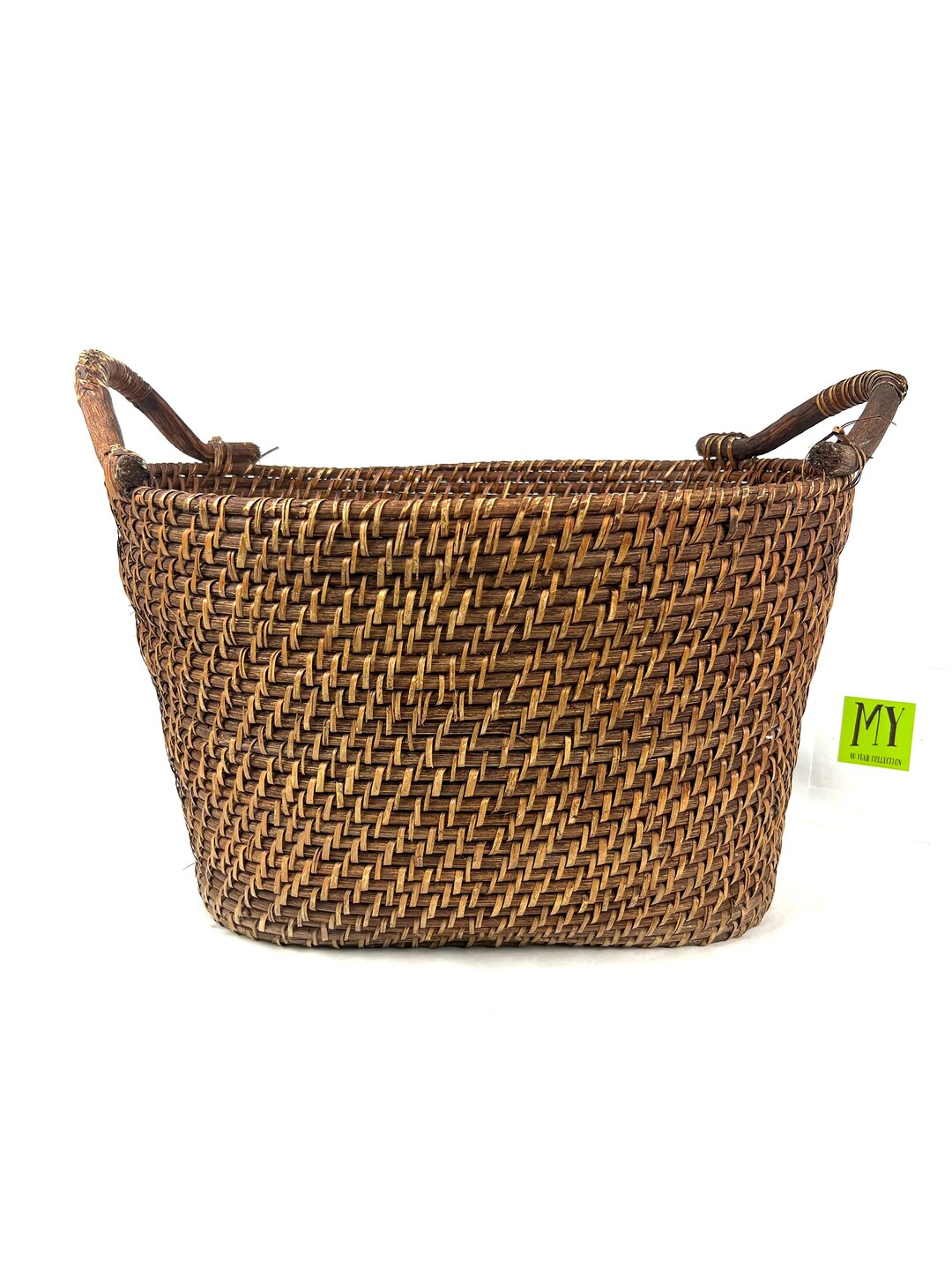 Antique Basket - Oblong Weave Rattan and Wood Basket With Handles ...