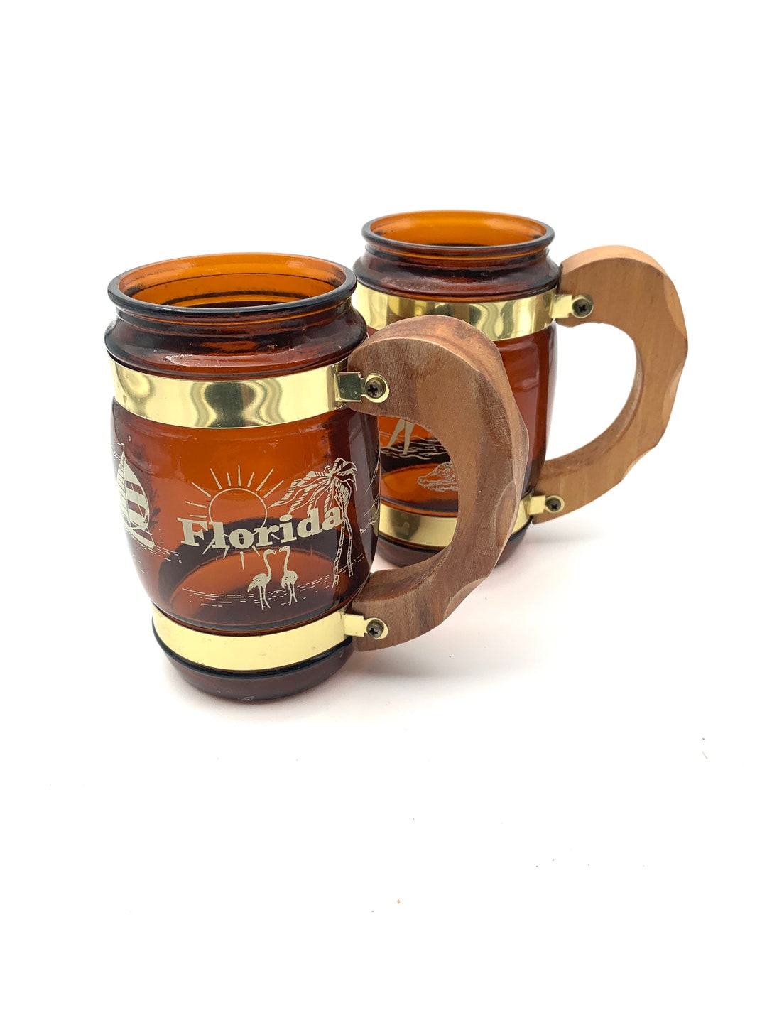 Vintage Pair of Siesta Ware Mugs FLORIDA Amber Glass Mug Wooden Handle ...