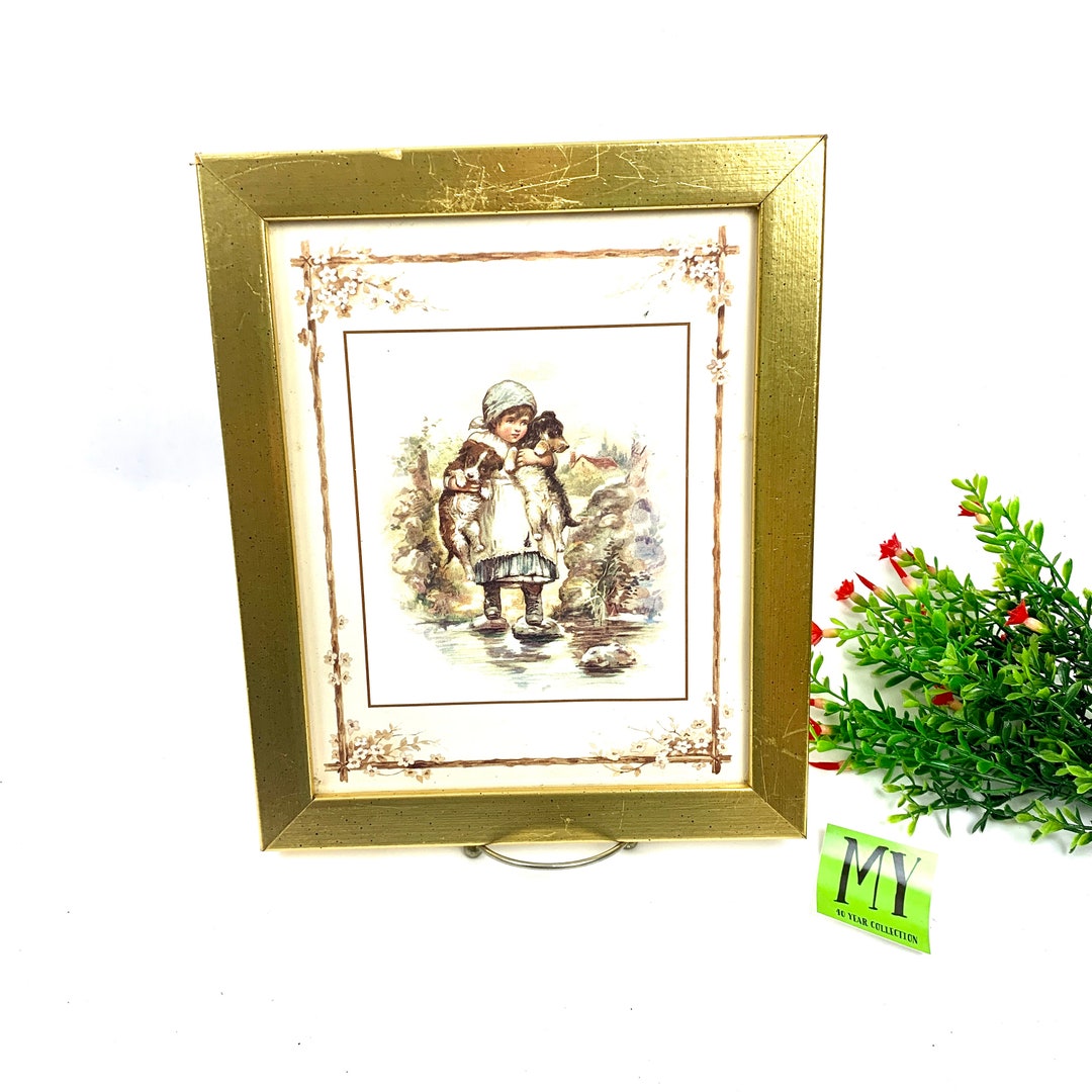 Thomas L Cathey Art Vintage Gold Framed Girl With Dogs Litho Print Wall ...