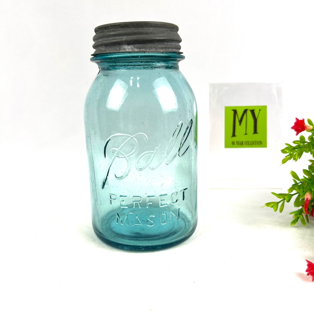 Antique Jar - Ball PERFECT MASON - Aqua Blue Glass Quart Jar No 8 ...