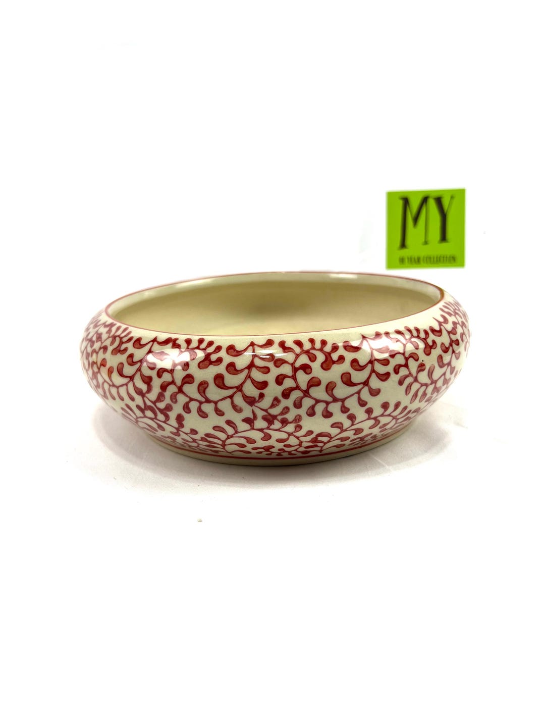 Vintage Planter - Stoneware Pottery - Low Round Bowl - Cream and Red ...