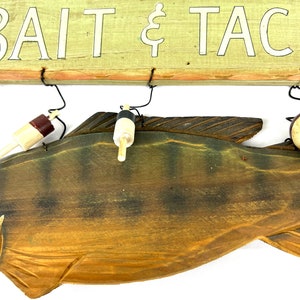 Vintage Rustic Wood Bait and Tackle Wall Hanging - Wood Fish Shape With ...