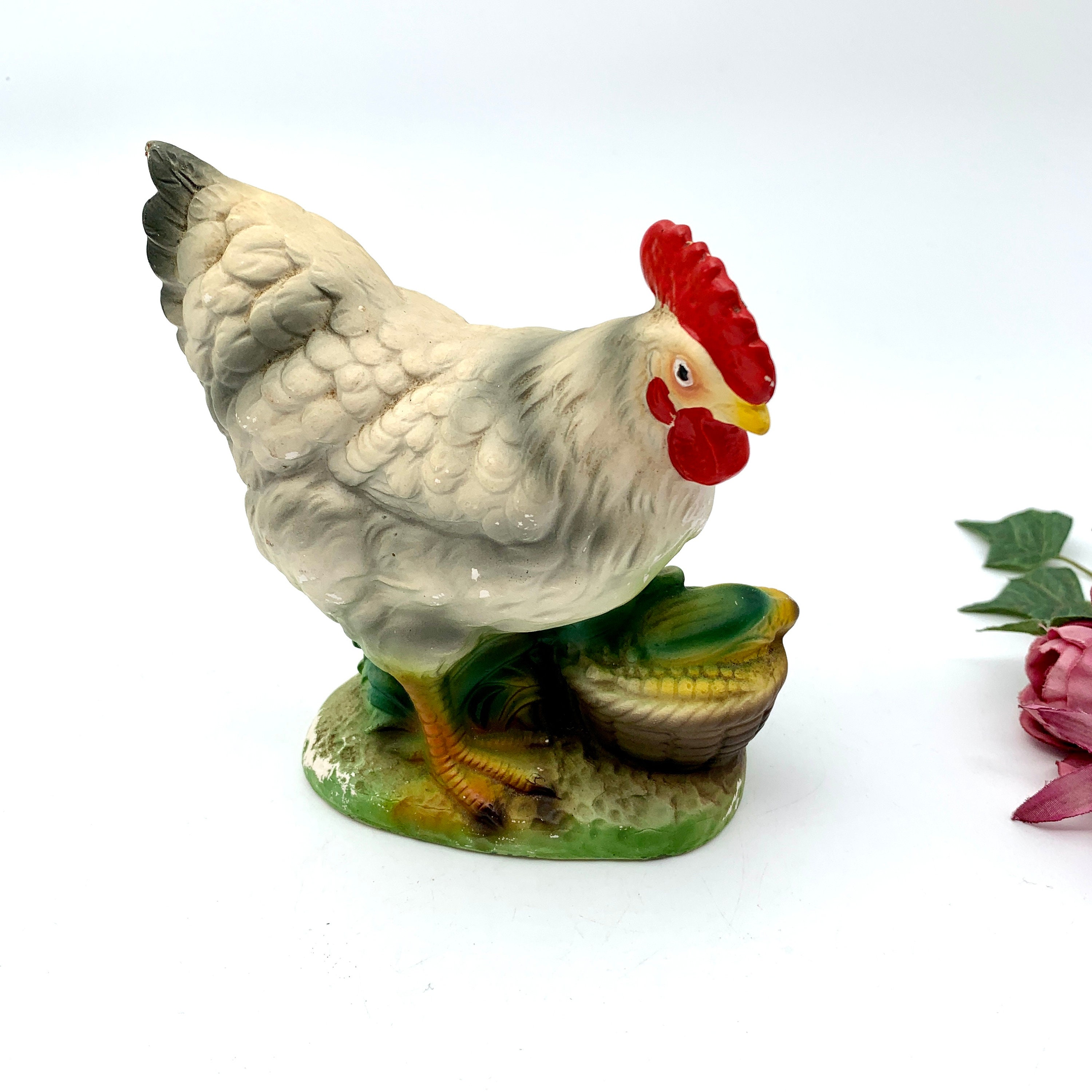 Vintage Porcelain Gray Chicken Figurine Chicken With Corn | Etsy