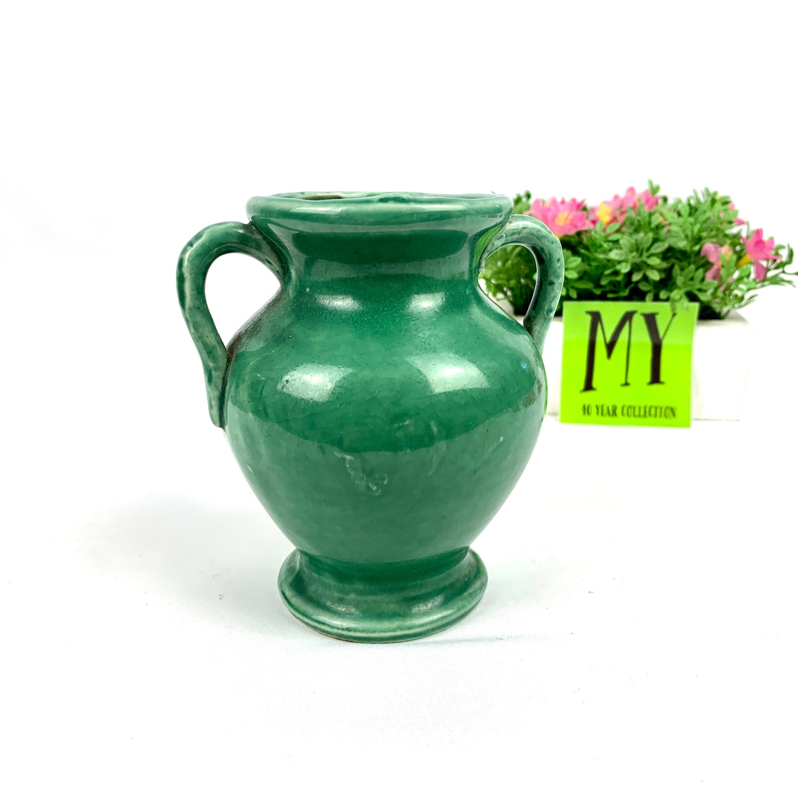 Beautiful Midcentury Green Glazed Pottery Vase With Two - Etsy