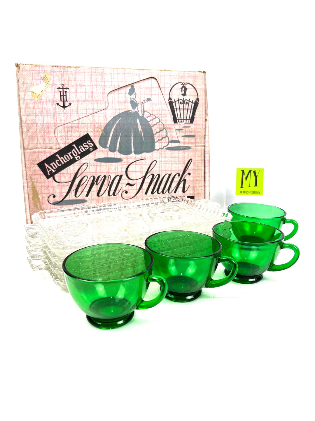 Vintage Anchorglass Serva Snack Set - 4 Clear Glass Plates - 4 Emerald ...