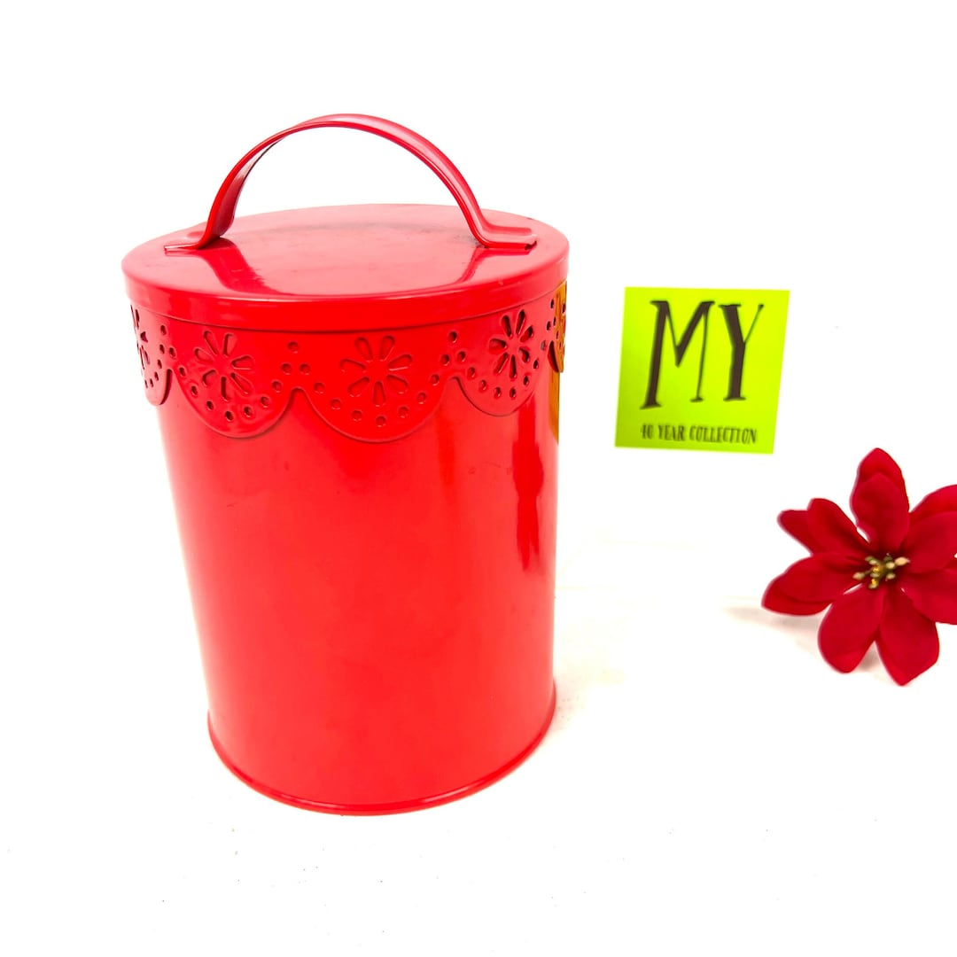 Vintage Tin Canister - Red Cylinder Tin With Handle on the Lid - Lace ...