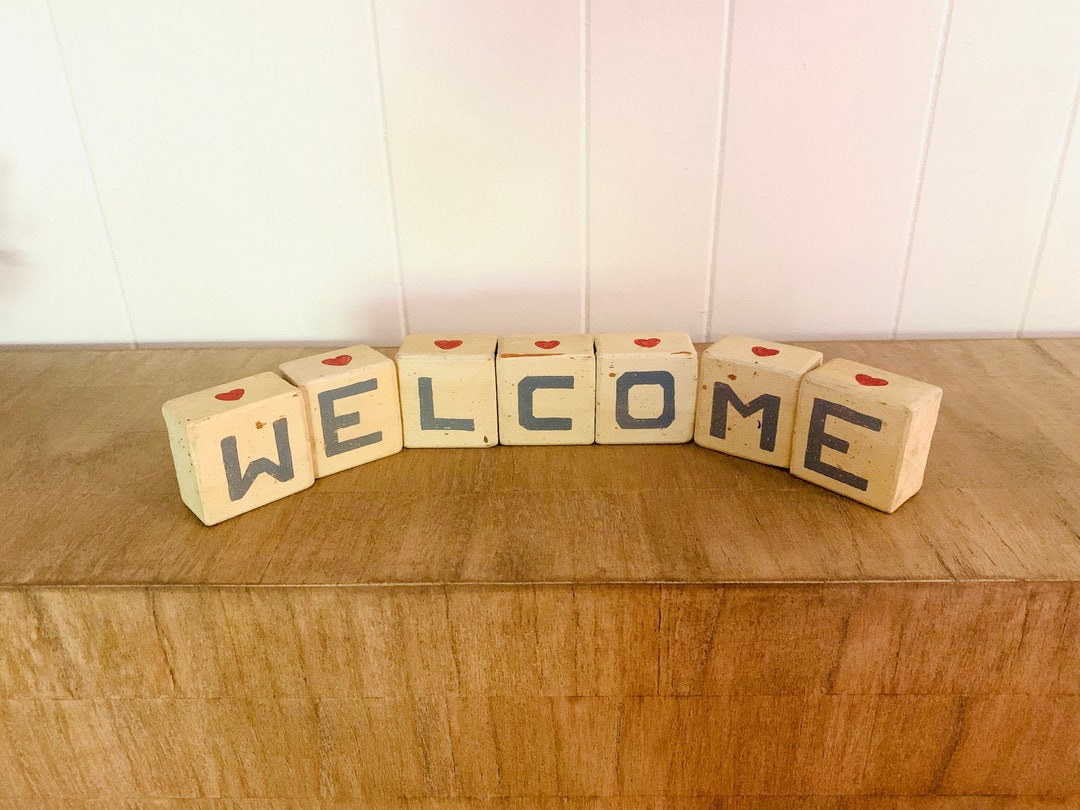Vintage Handmade Wooden Welcome Block Sign Wood Block Sign Welcome Sign ...