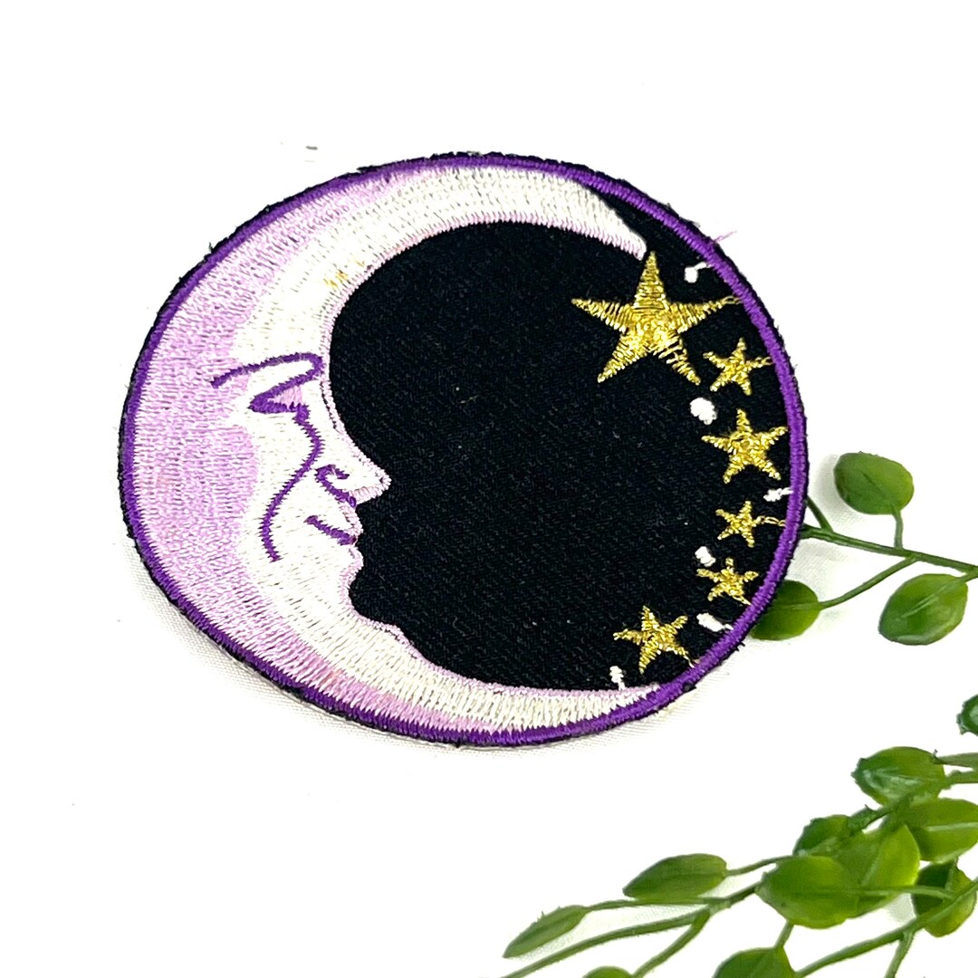 Vintage Embroidery Patch Crescent Moon and Stars Round Patch ...
