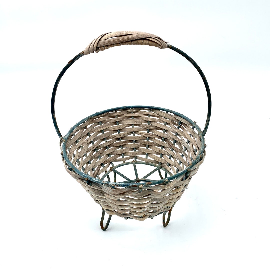 Vintage Metal and Wicker Woven Small Gathering Basket Four Legged With ...