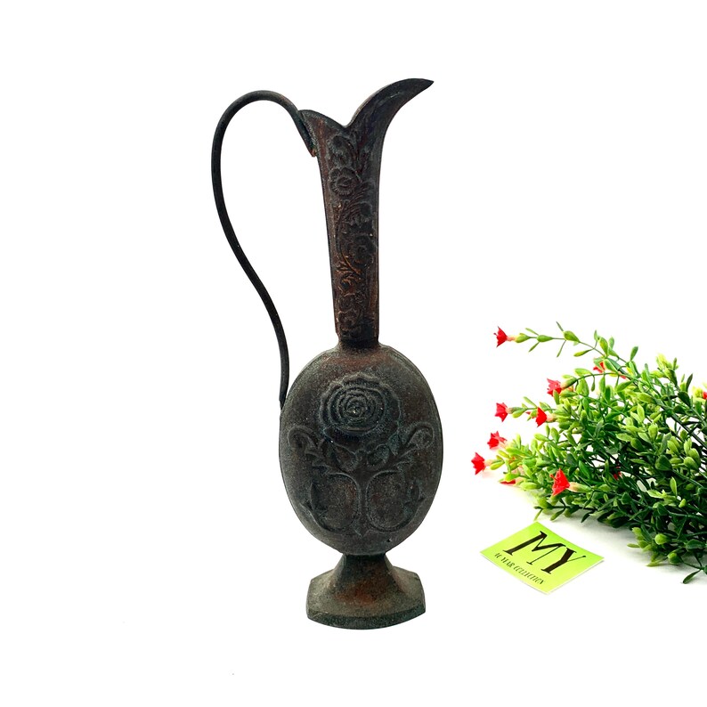 Antique Brass Embossed Jug Floral Embossed Pitcher Tall Skinny - Etsy