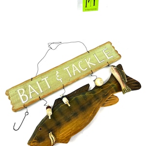 Vintage Rustic Wood Bait and Tackle Wall Hanging - Wood Fish Shape With ...