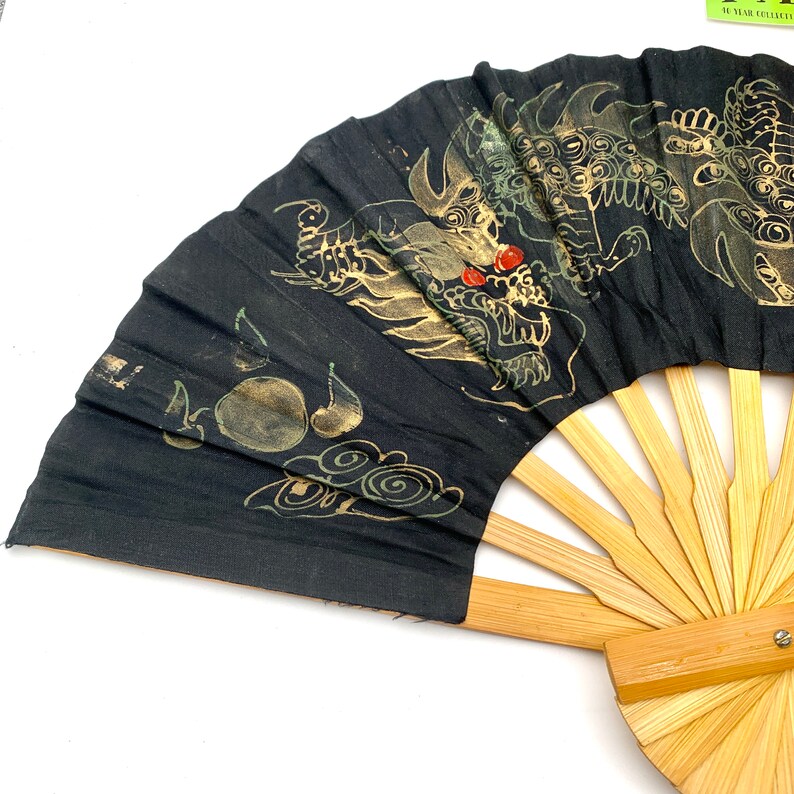 Vintage Chinese Dragon Fan Bamboo Fan Handpainted Dragon Black | Etsy