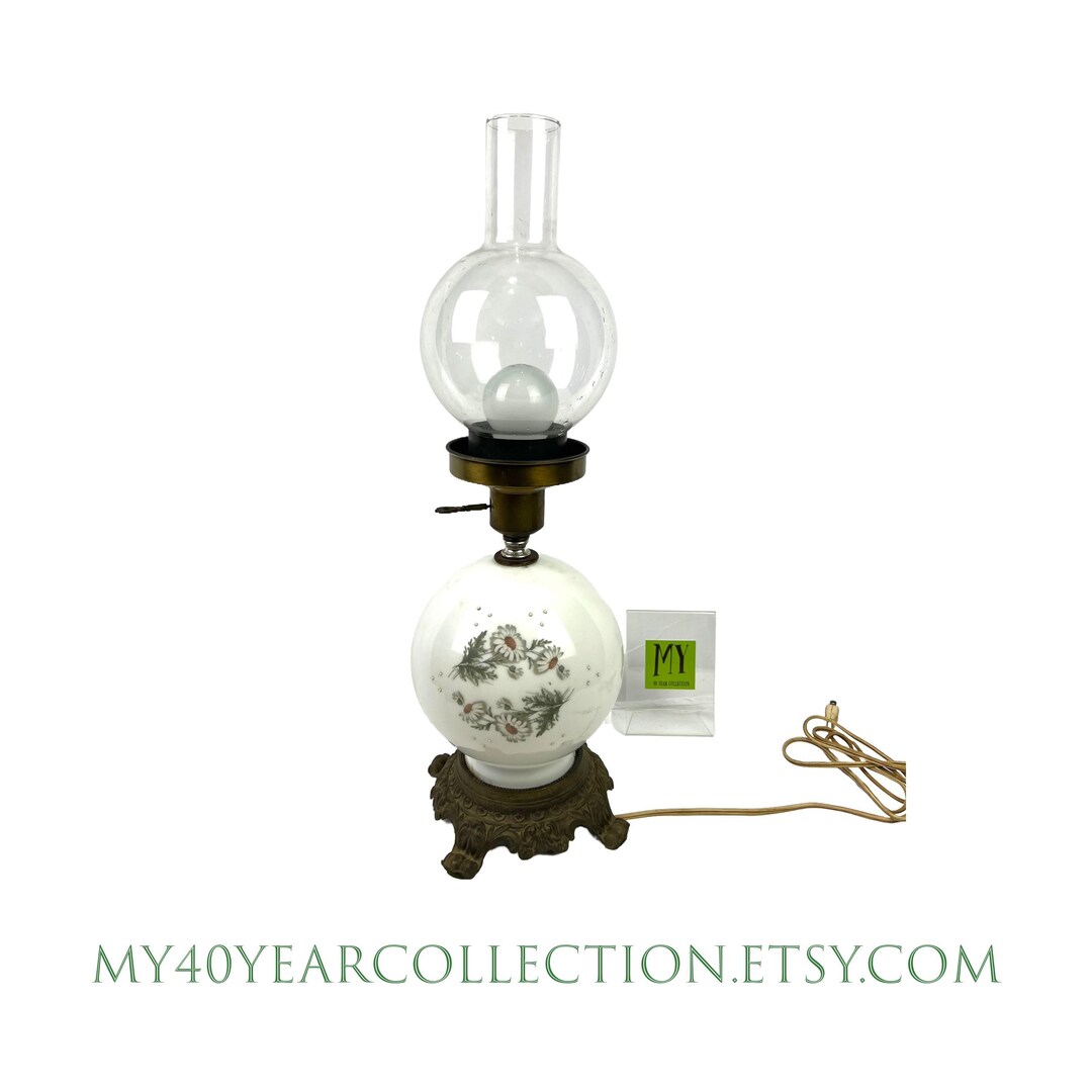 Vintage Boudoir Table Lamp: Etched Daisies Milk Glass, Brass Base - Etsy